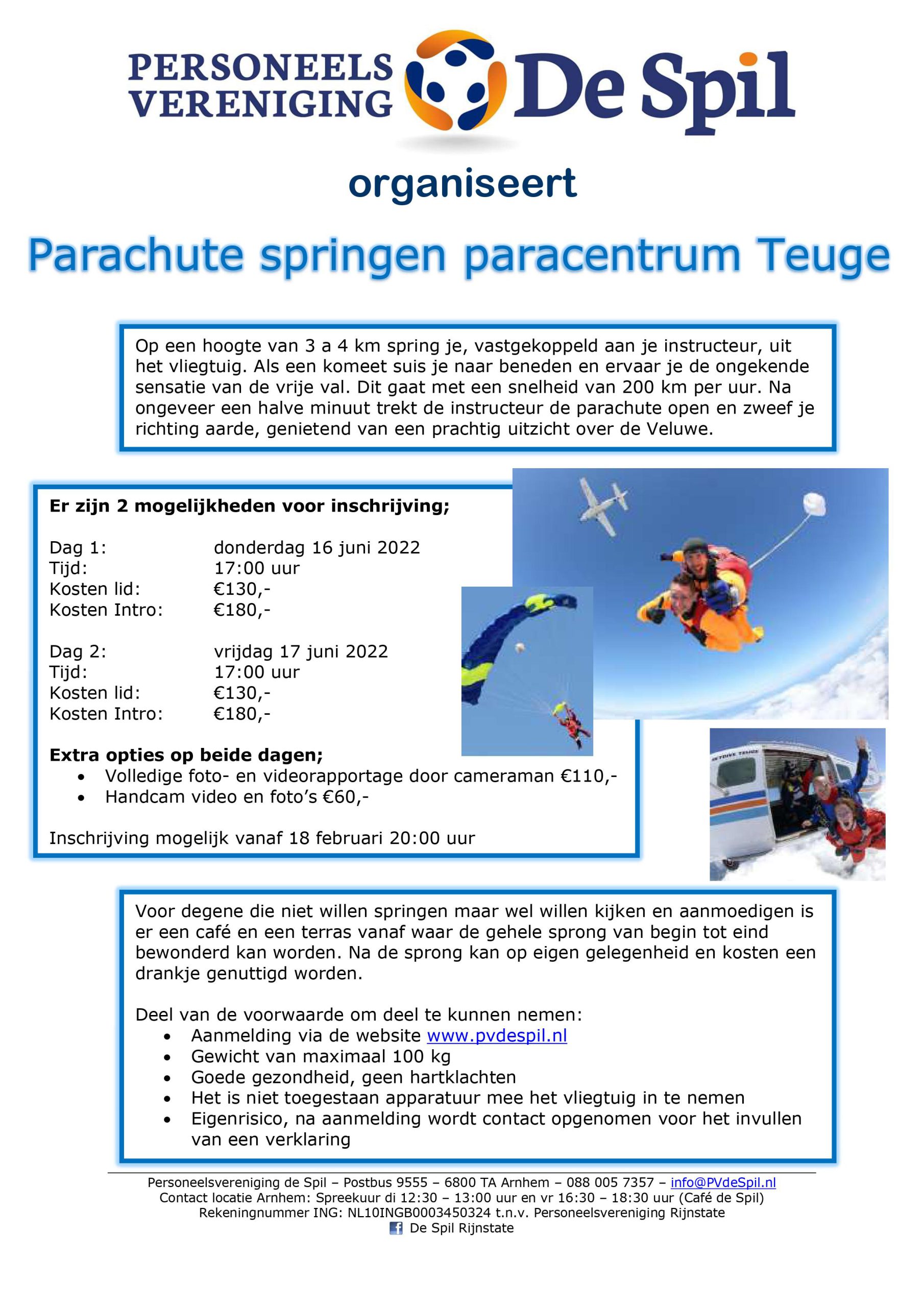 Flyer parachutespringen 2022 – Personeelsvereniging De Spil